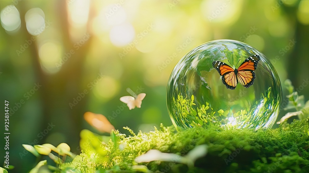 World Environment Day Concept with Globe Glass and Butterfly ...