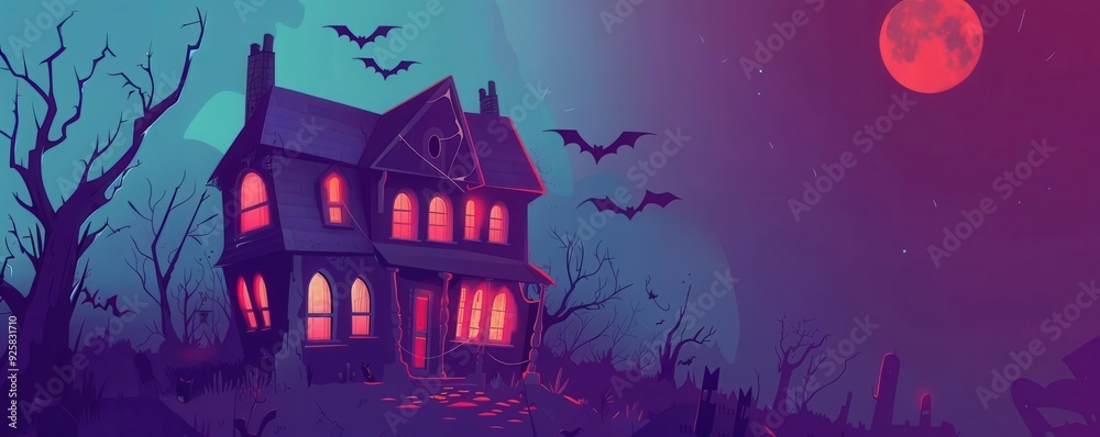 Creepy isometric haunted house at night with bats and full moon flat ...
