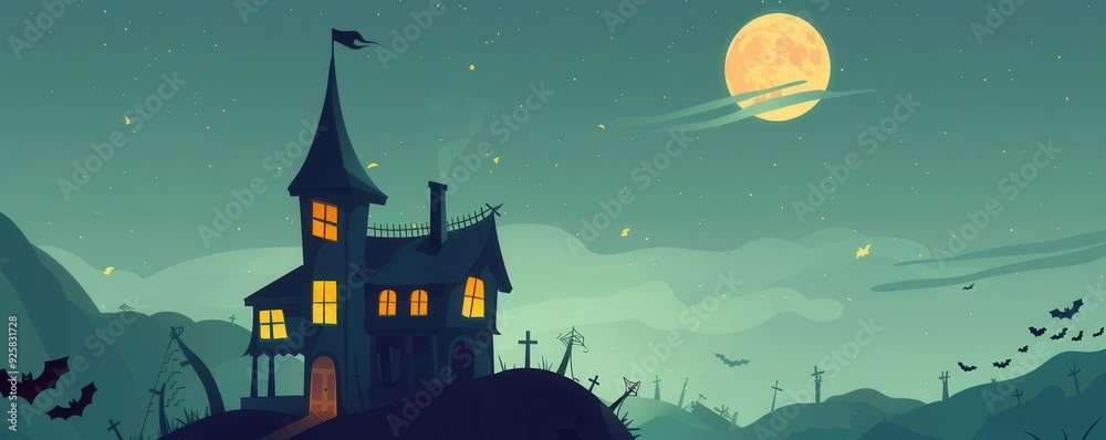 Creepy isometric haunted house at night with bats and full moon flat ...