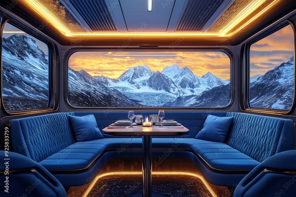 A modern train car with blue seats and an elegant table in the middle ...