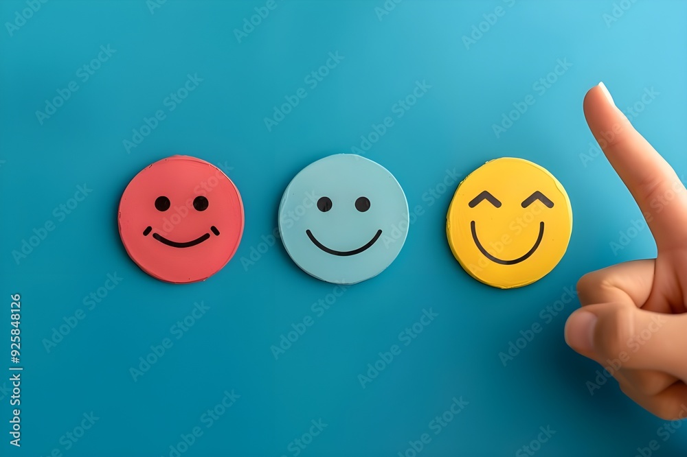 Hand Pointing To Happy Smiley Face Symbol On Blue Background With Other Two Sad Faces Symbols