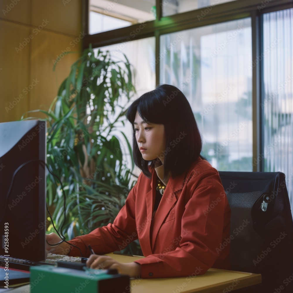 An earnest woman in a red blouse works at a desktop computer ...