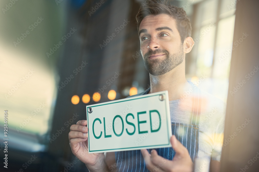Barista, man and closed sign of coffee shop with business owner at ...