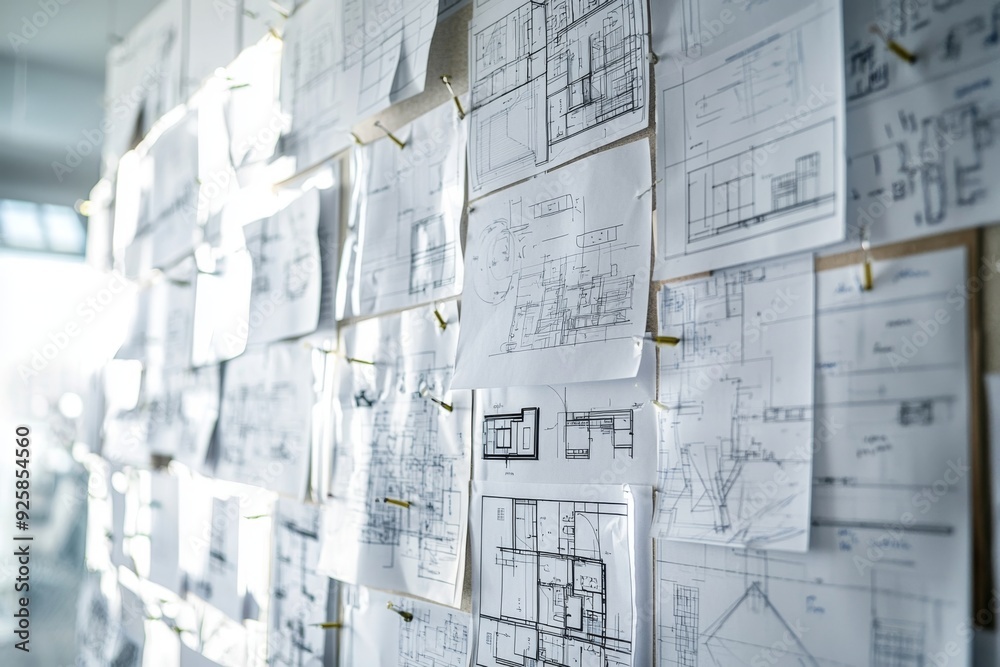 A planning board completely covered with architectural blueprints ...