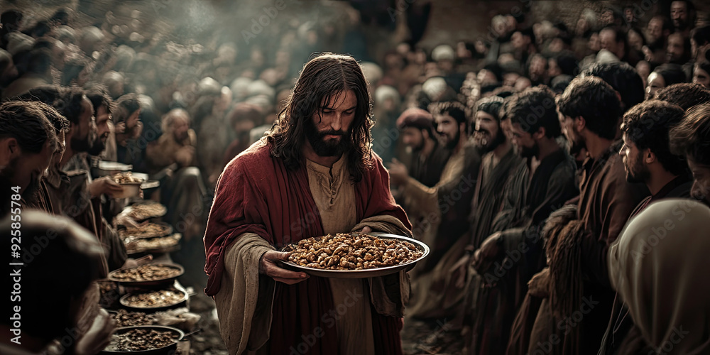 Jesus feeding five thousand, Bible story illustration, Biblical ...