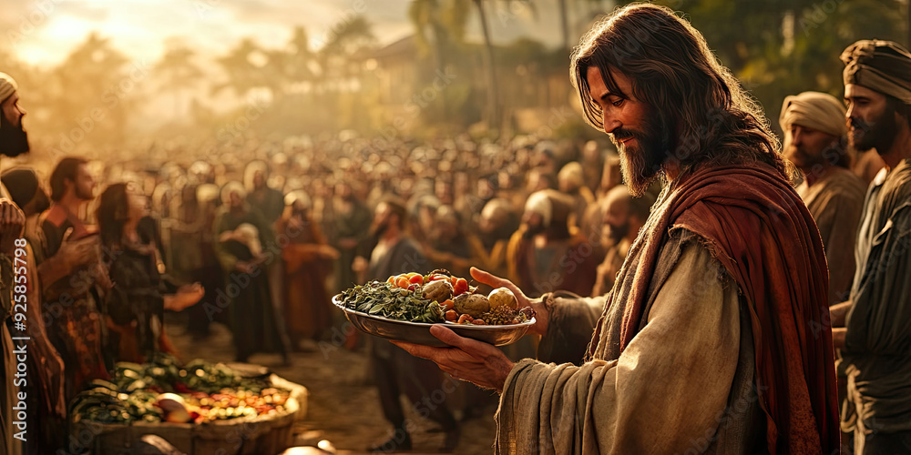 Jesus feeding five thousand, Bible story illustration, Biblical ...