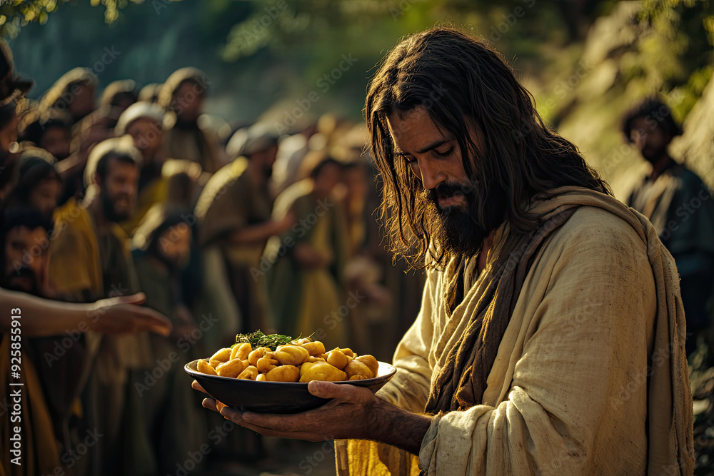 Jesus feeding five thousand, Bible story illustration, Biblical ...