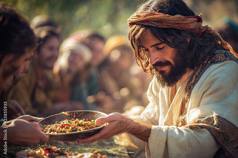 Jesus feeding five thousand, Bible story illustration, Biblical ...