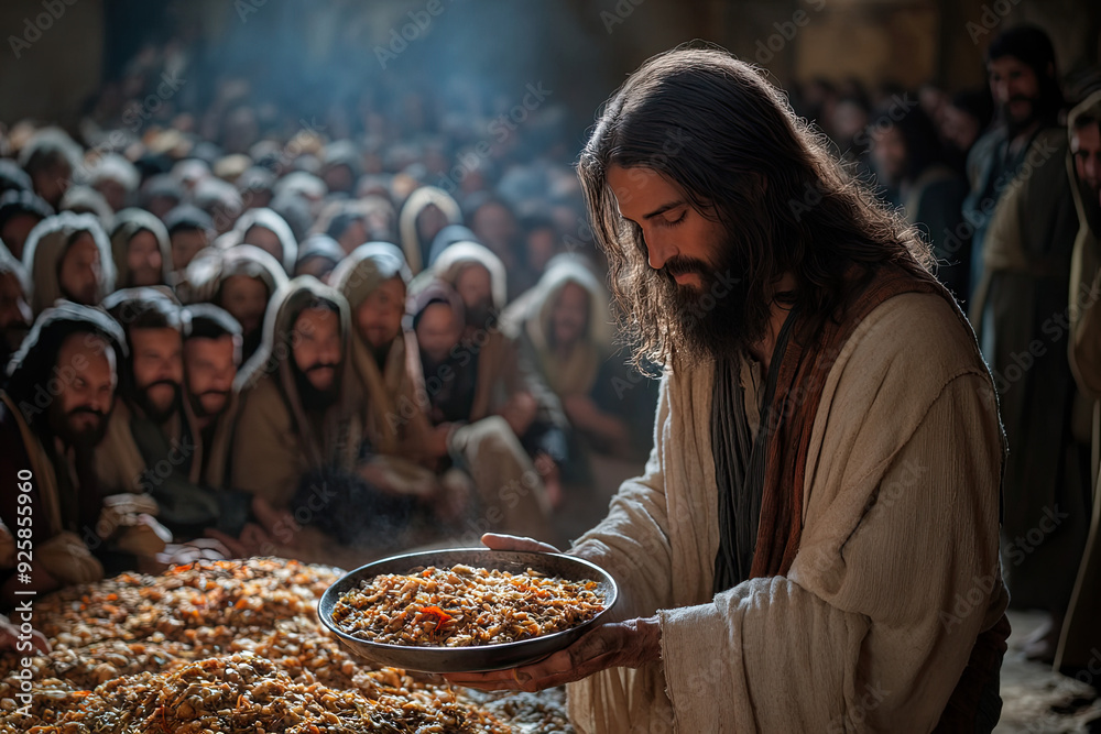 Jesus feeding five thousand, Bible story illustration, Biblical ...