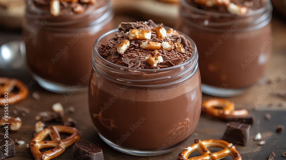 Chocolate mousse topped with crushed hard candy and pretzel pieces ...