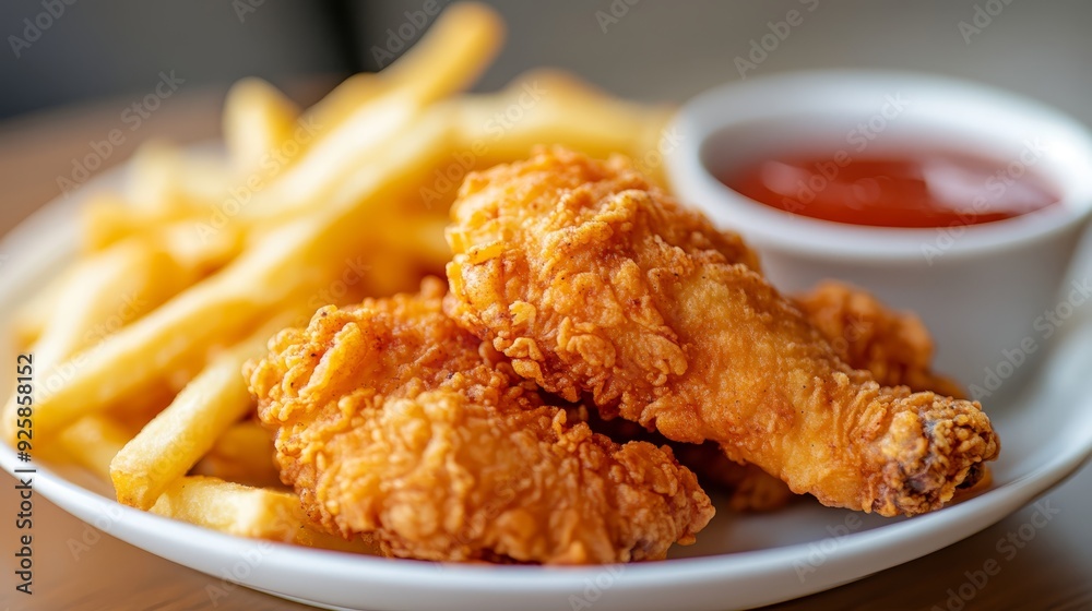 Crispy fried chicken with fries and ketchup Stock Photo | Adobe Stock