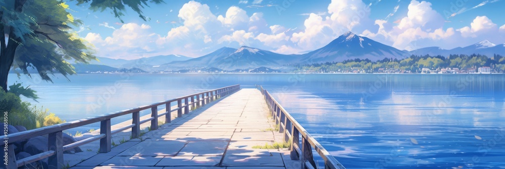 Lakeside Promenade with a Stunning Mountain View: An Anime-Style ...