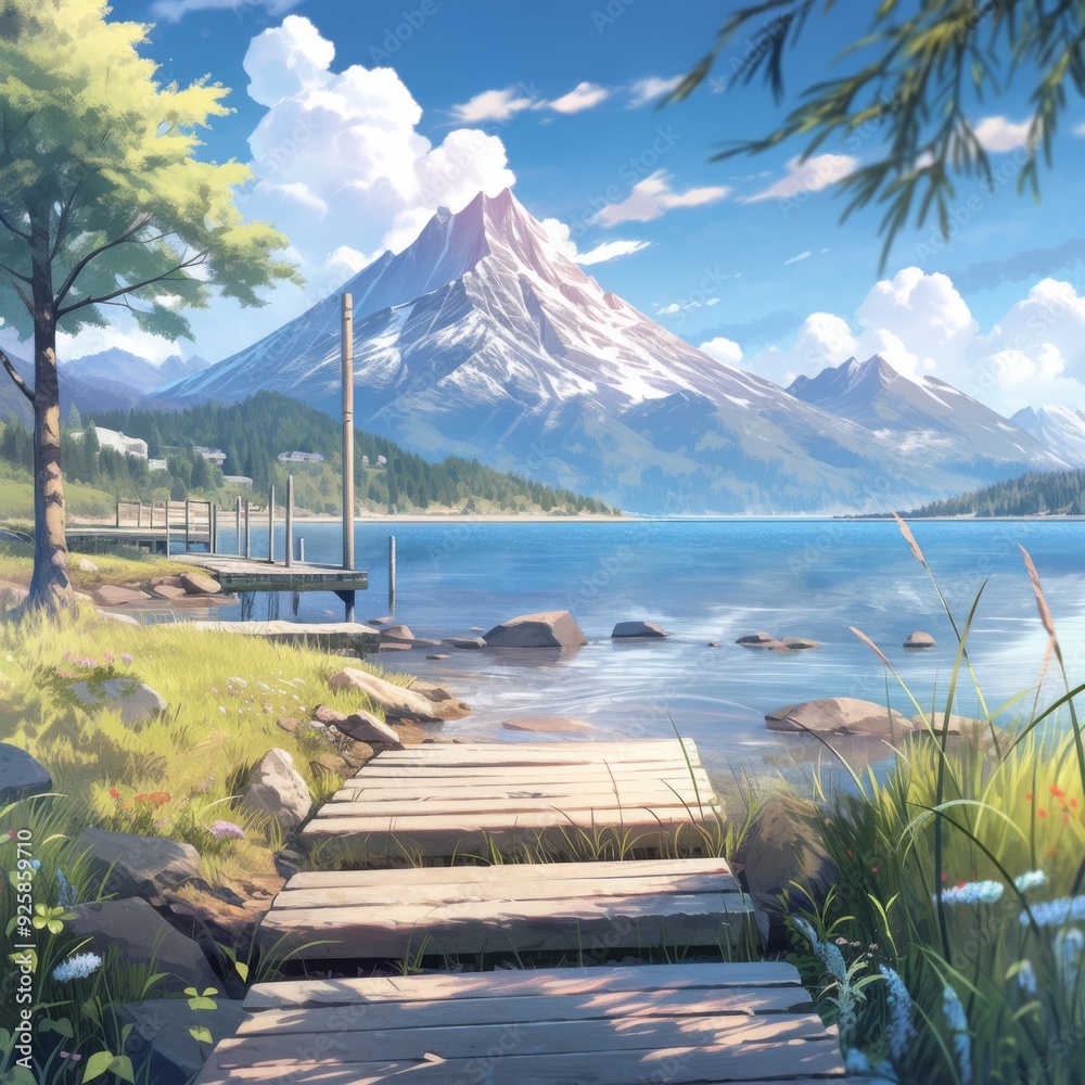 Lakeside Promenade with a Stunning Mountain View: An Anime-Style ...