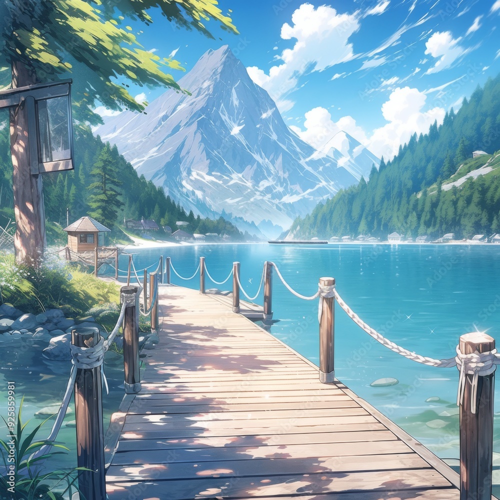 Lakeside Promenade with a Stunning Mountain View: An Anime-Style ...