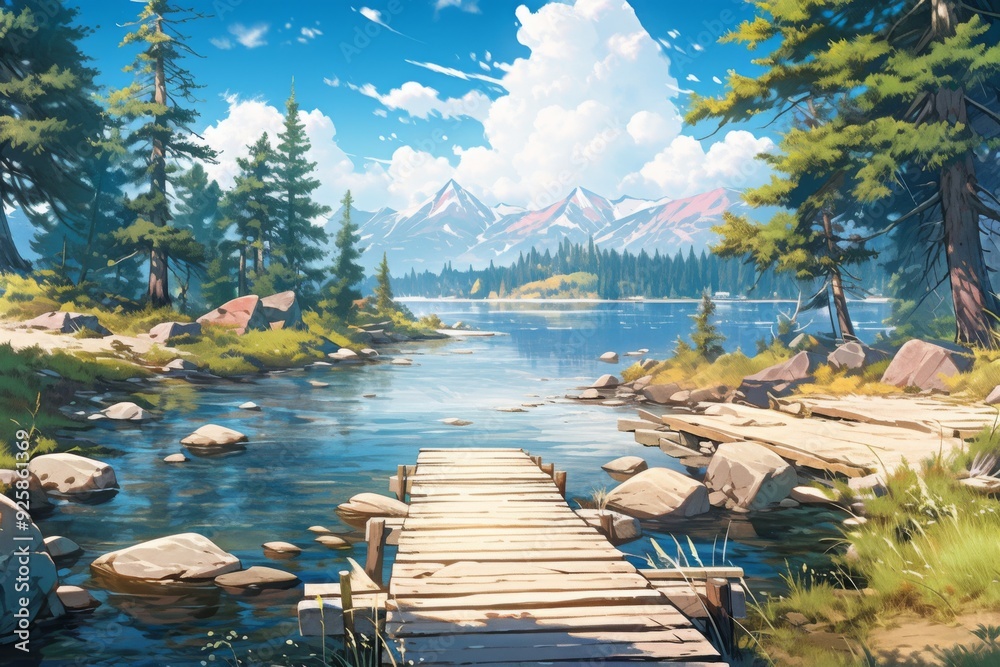 Lakeside Promenade with a Stunning Mountain View: An Anime-Style ...