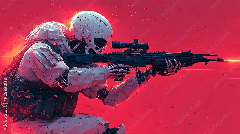 Heavily Armed Futuristic Soldier in Dynamic Combat Pose with Neon ...