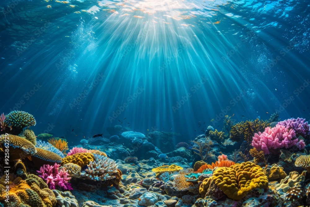 Colorful underwater coral reef beneath sunrays in clear blue sea. Vivid ...