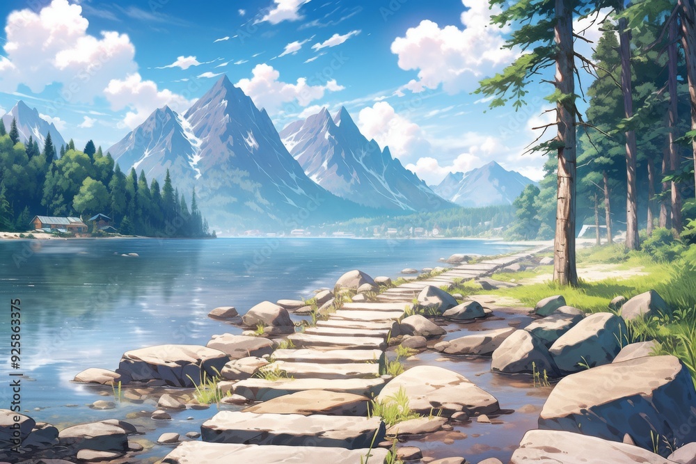 Lakeside Promenade with a Stunning Mountain View: An Anime-Style ...