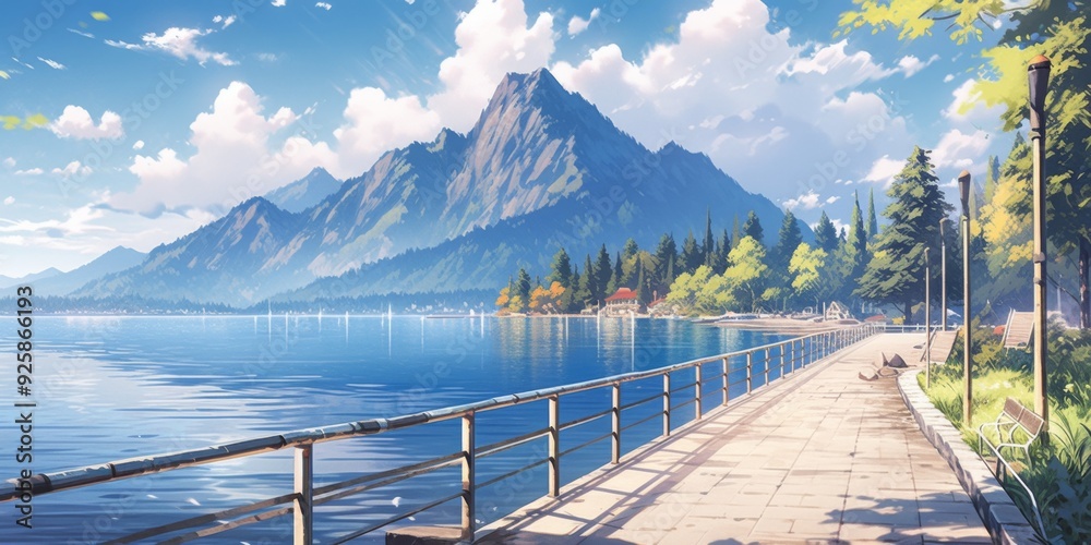 Lakeside Promenade with a Stunning Mountain View: An Anime-Style ...