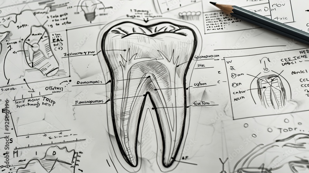 Detailed tooth anatomy sketch on white paper, surrounded by notes ...
