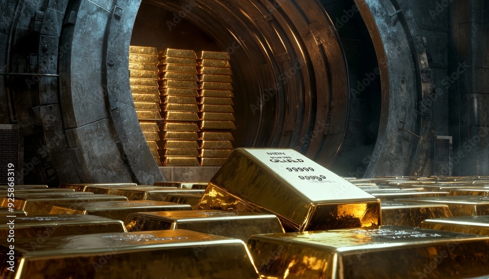 A close-up shot of a gleaming gold bar inside a giant vault, with rows upon rows of gold bars ...