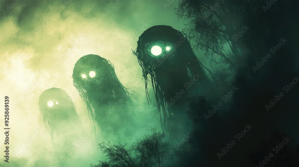 Eerie creatures emerge from the mist, glowing eyes piercing through the ...
