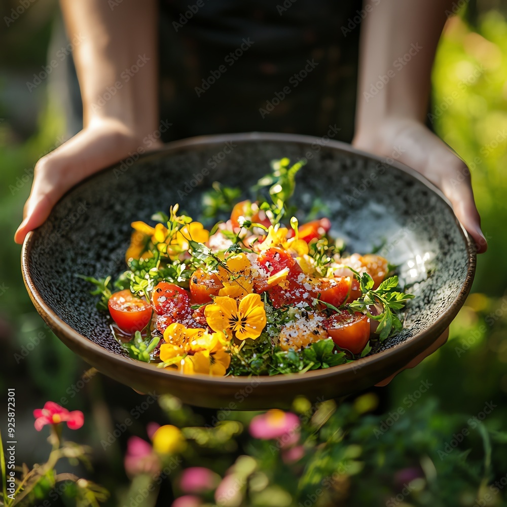 Person savoring a seasonal dish in a peaceful garden, focusing on the ...
