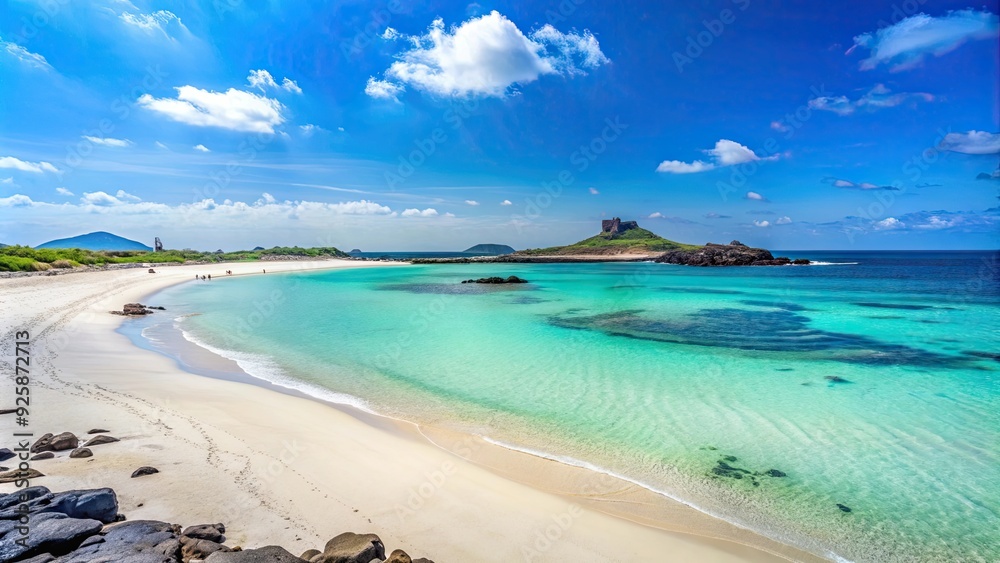 Sunny day at a beautiful beach on Jeju island, with clear blue ocean ...