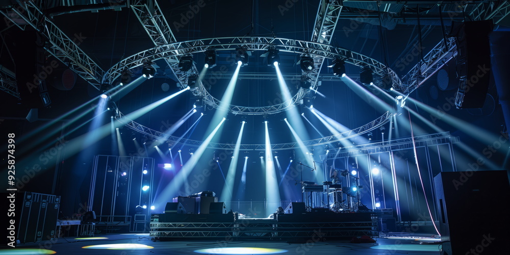 Live stage production with circular blue lights overhead. Stage rigging ...