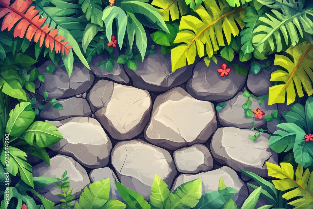 Lush stone frame for animated game layout graphics. Boulder icon and ...