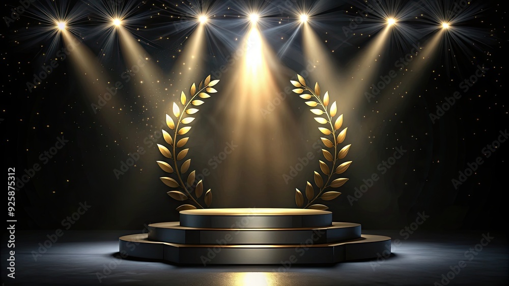Black podium with gold award glittering under spotlight on a dark stage ...