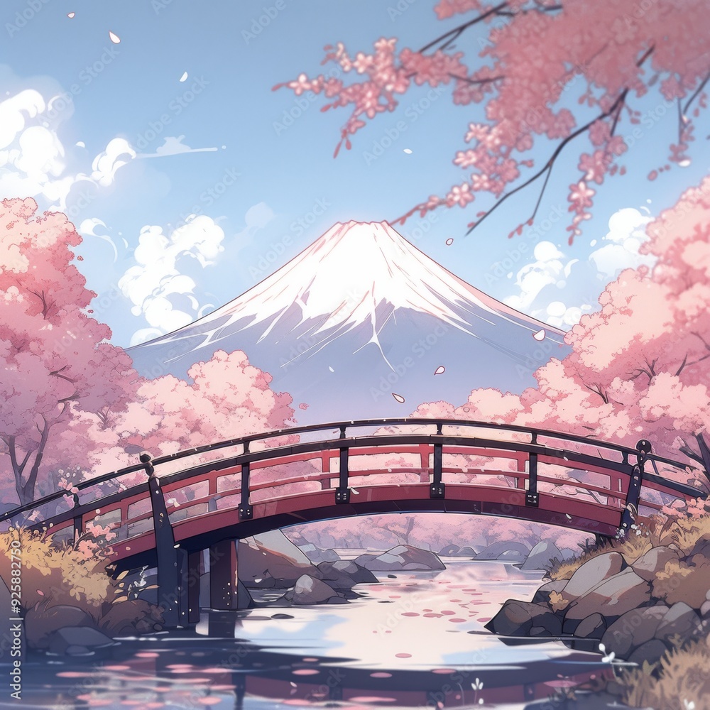 Medieval-Inspired Timeless Illustration of Mount Fuji with a Bridge and ...