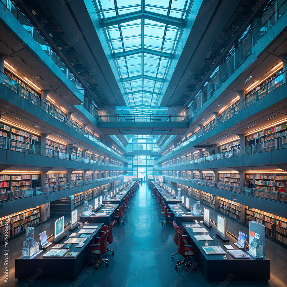 Vast Modern Library Interior with Rows of Bookshelves and Study Desks ...
