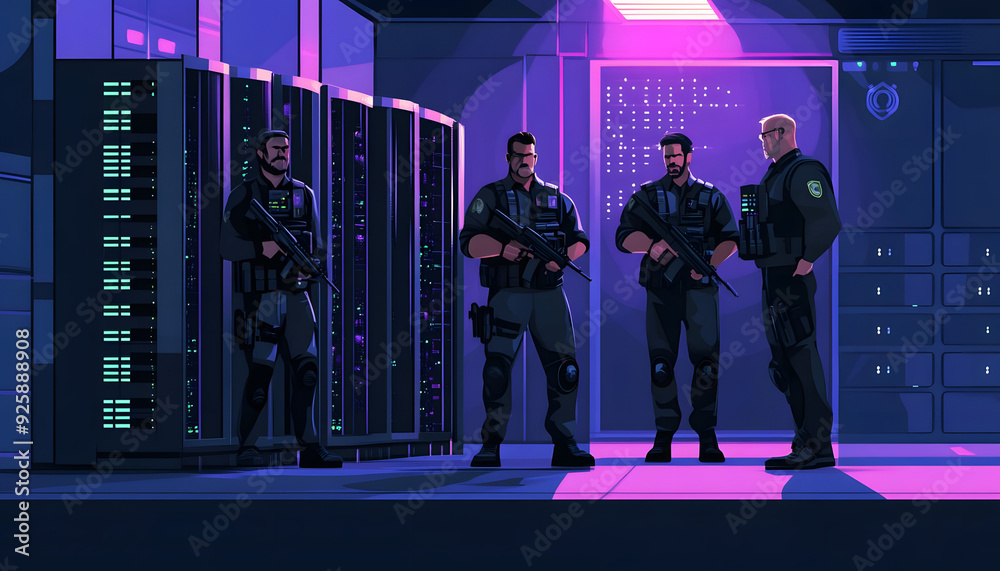 Group of muscular men in tactical gear guarding a high tech server room ...