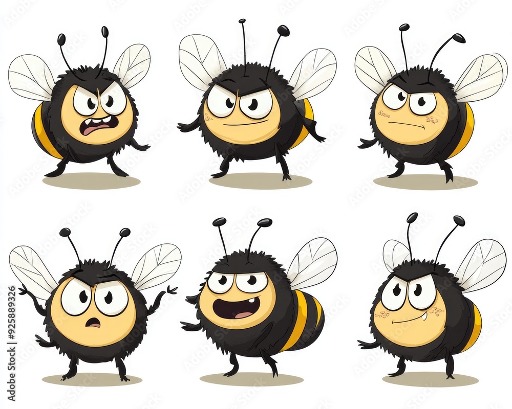 Angry Bees. Cartoon Illustration of Black and White Bees in Various ...
