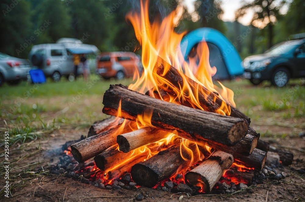 Bonfire burning in the camping, burning bonfire, camping bonfire in the yard during the daytime ...