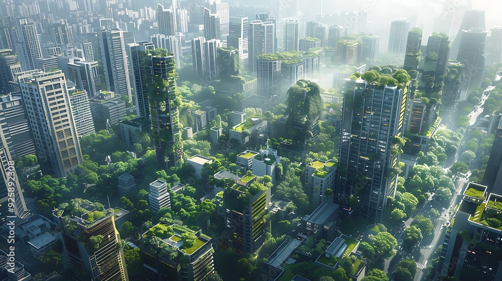 Aerial perspective of a city in the 2030s, futuristic skyline ...