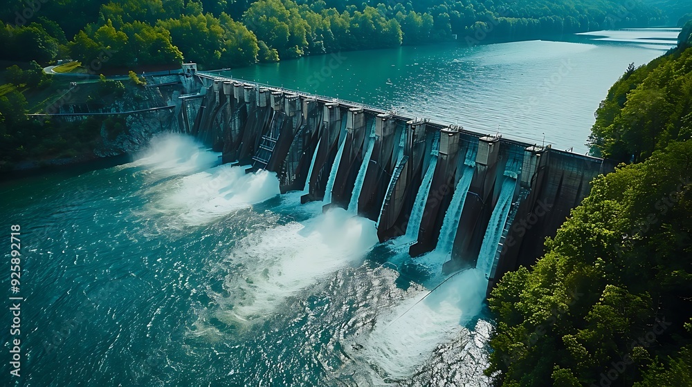 Aerial perspective of a hydroelectric dam in the early 2000s, water ...