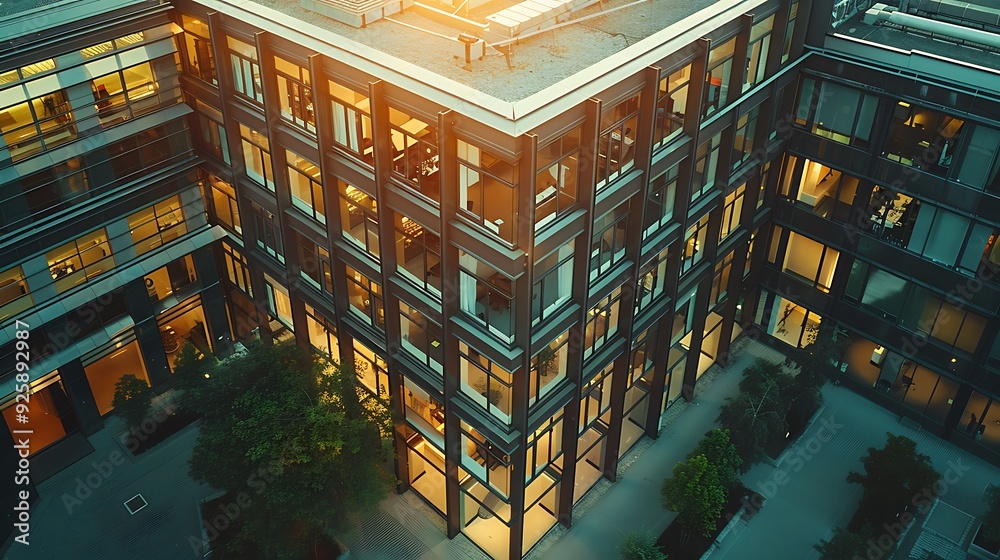 Aerial perspective of a tech startup's headquarters, sleek and modern ...