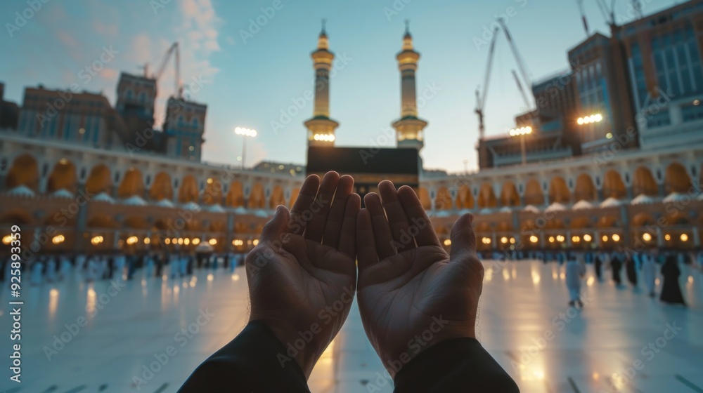 Muslim praying to Allah in front of Kaaba. Islam Iconic Mosque, Al ...