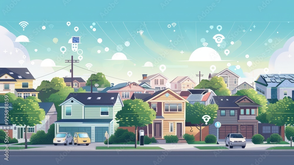 Create a scene of a neighborhood smart grid system with residents ...