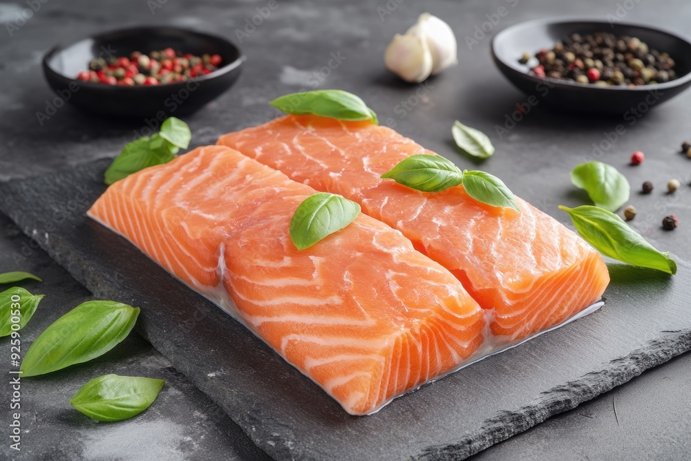 King Salmon Fillet. Fresh Raw Pacific Wild Salmon with Basil Leaves on ...