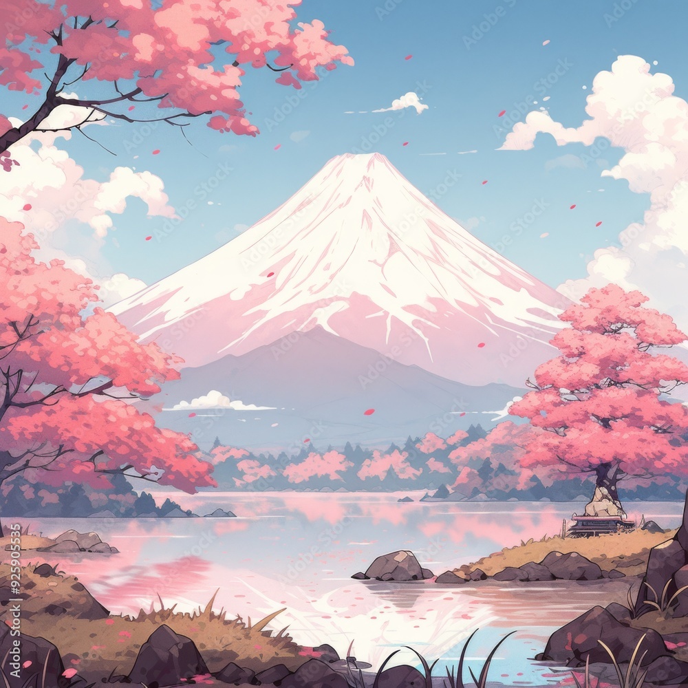 Enchanting Anime-Style Pink Mount Fuji Wallpaper: A Cherry Blossom ...