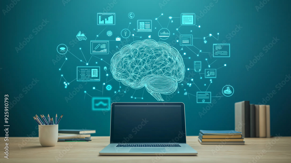 Modern and minimalist workspace with laptop on desk and digital brain ...