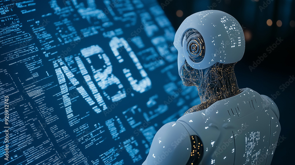 A humanoid robot interacts with a large screen filled with complex data ...