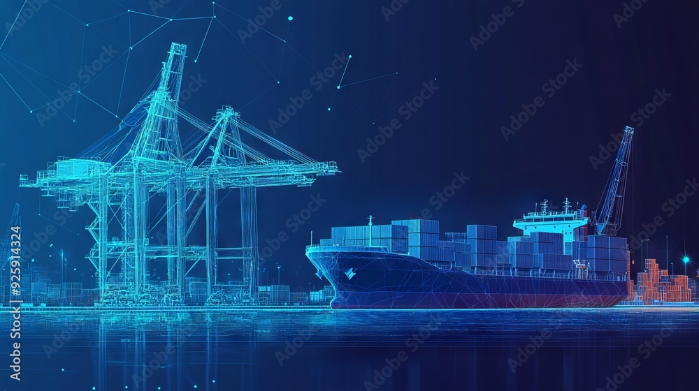 Trade port low poly wireframe banner template. Digital vector cargo ...