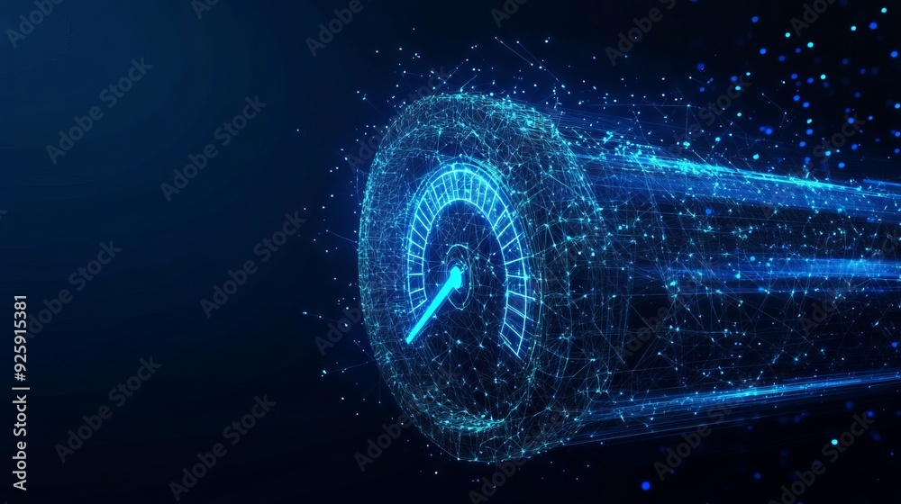 Abstract low poly 3d network cable and speedometer in dark blue. Super ...