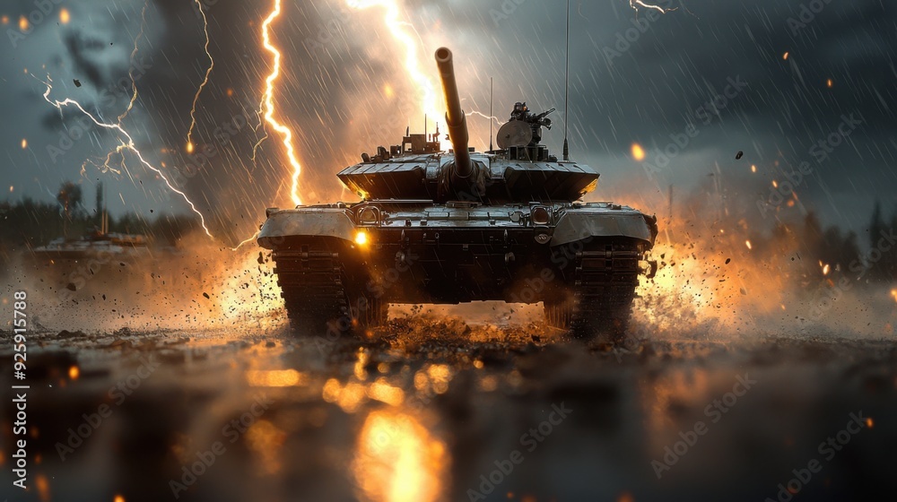 A realistic close-up of a military tank on a battlefield with a ...