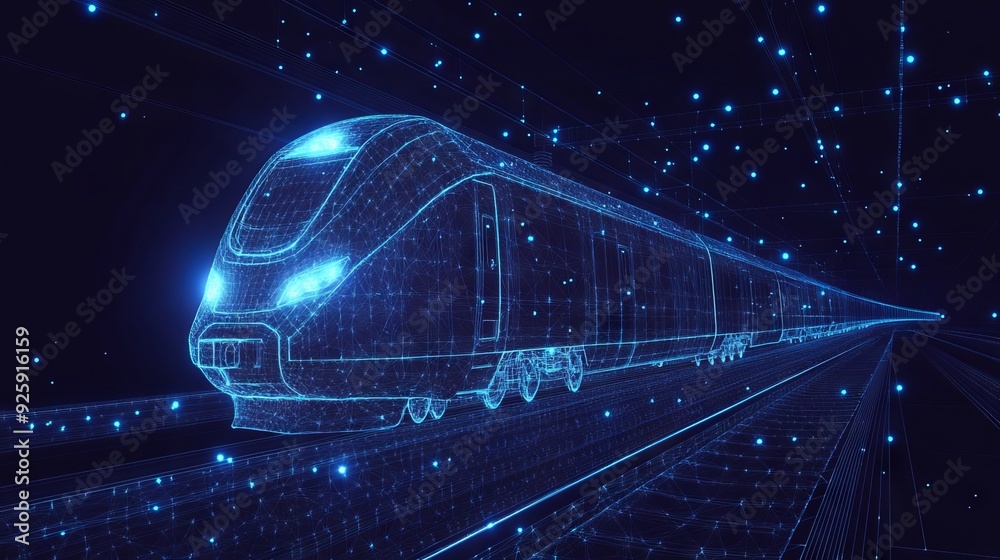Abstract polygonal 3d wireframe of modern train at railway station or ...