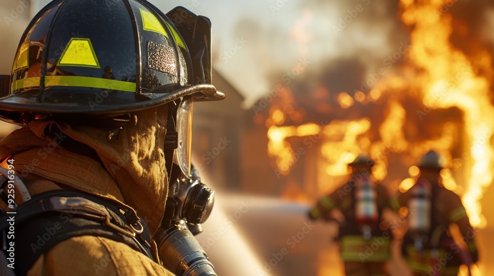 A close-up view of firefighters in full gear battling a residential ...